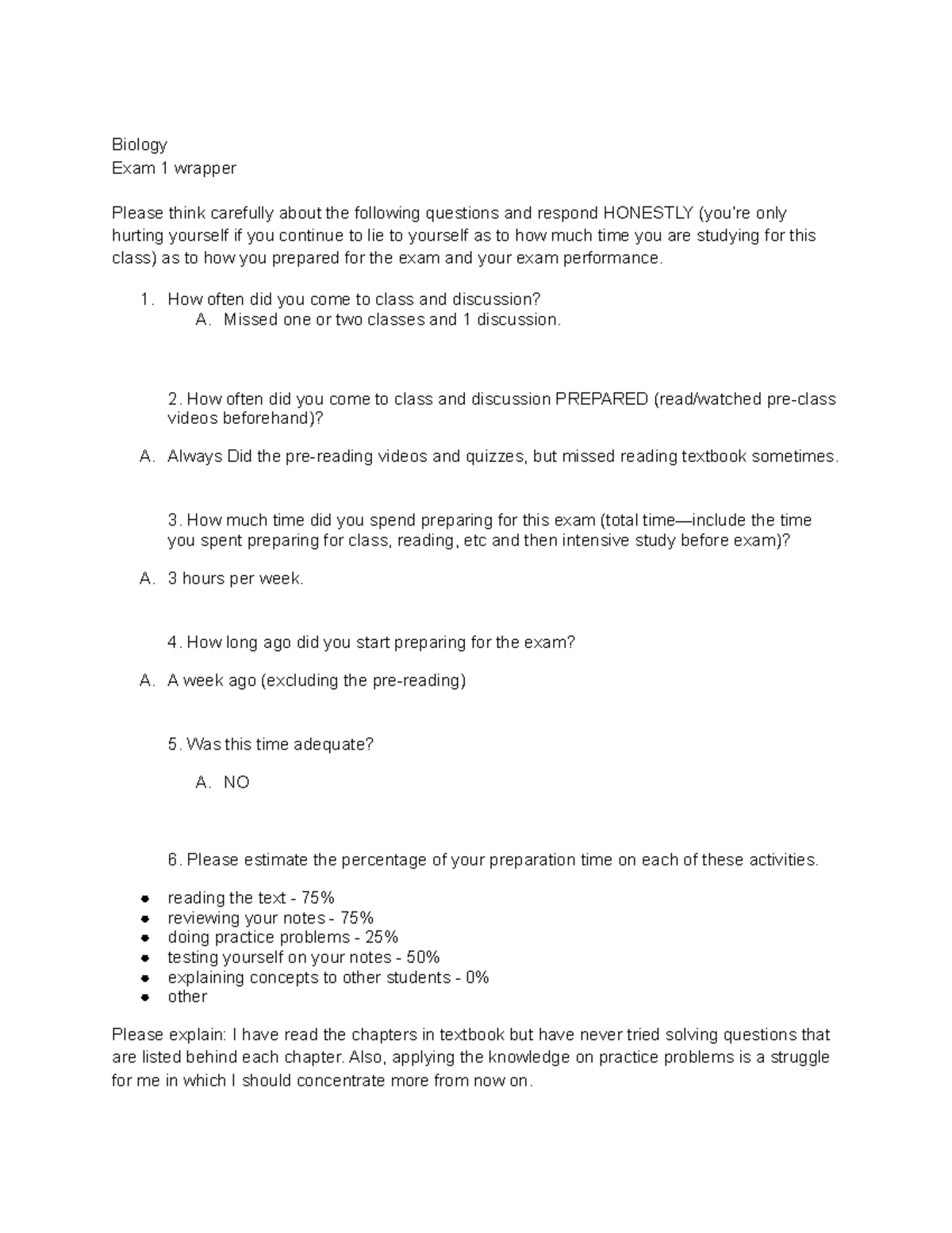 Biology Exam wrapper - Assignment - Biology Exam 1 wrapper Please think carefully about the ...