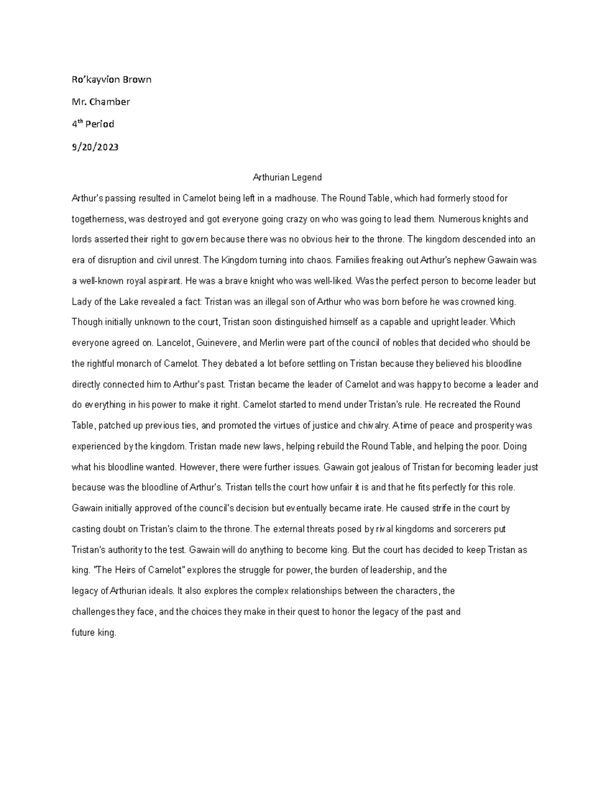 Green Knight - .hggg - Ro’kayvion Brown Mr. Chamber 4 th Period 9/20 ...
