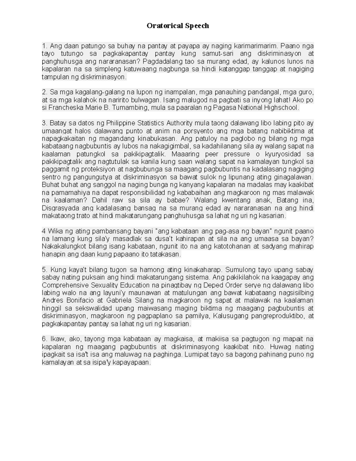 OS-Cheska - HDJNd - Oratorical Speech Ang daan patungo sa buhay na ...