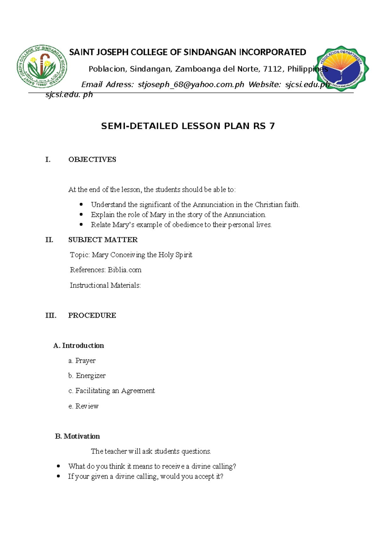 Saint Joseph College OF Sindangan Incorporated - SAINT JOSEPH COLLEGE OF SINDANGAN INCORPORATED ...