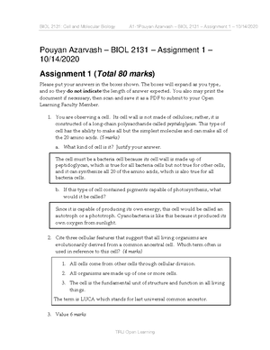 BIOL 2131 Assign 3 - sinclair - BIOL 2131: Cell and Molecular Biology ...