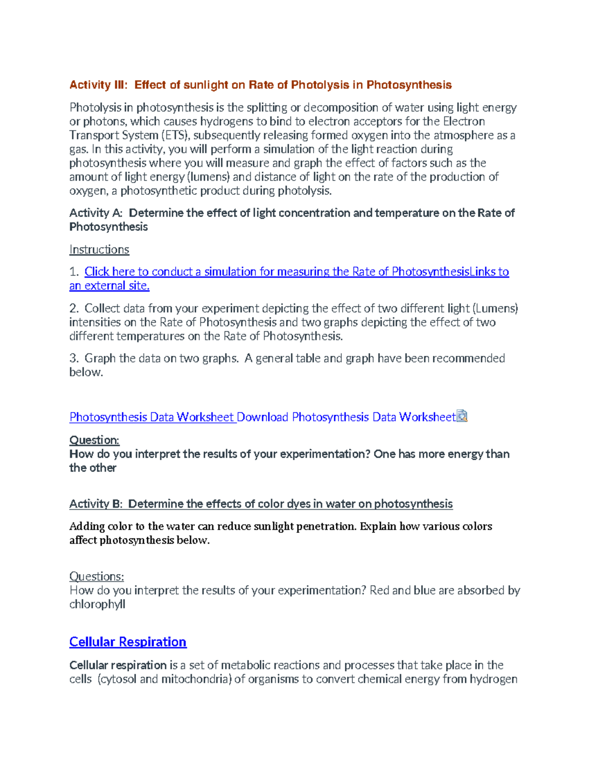 Effect of Sunlight on Photolysis Rate in Photosynthesis - Studocu