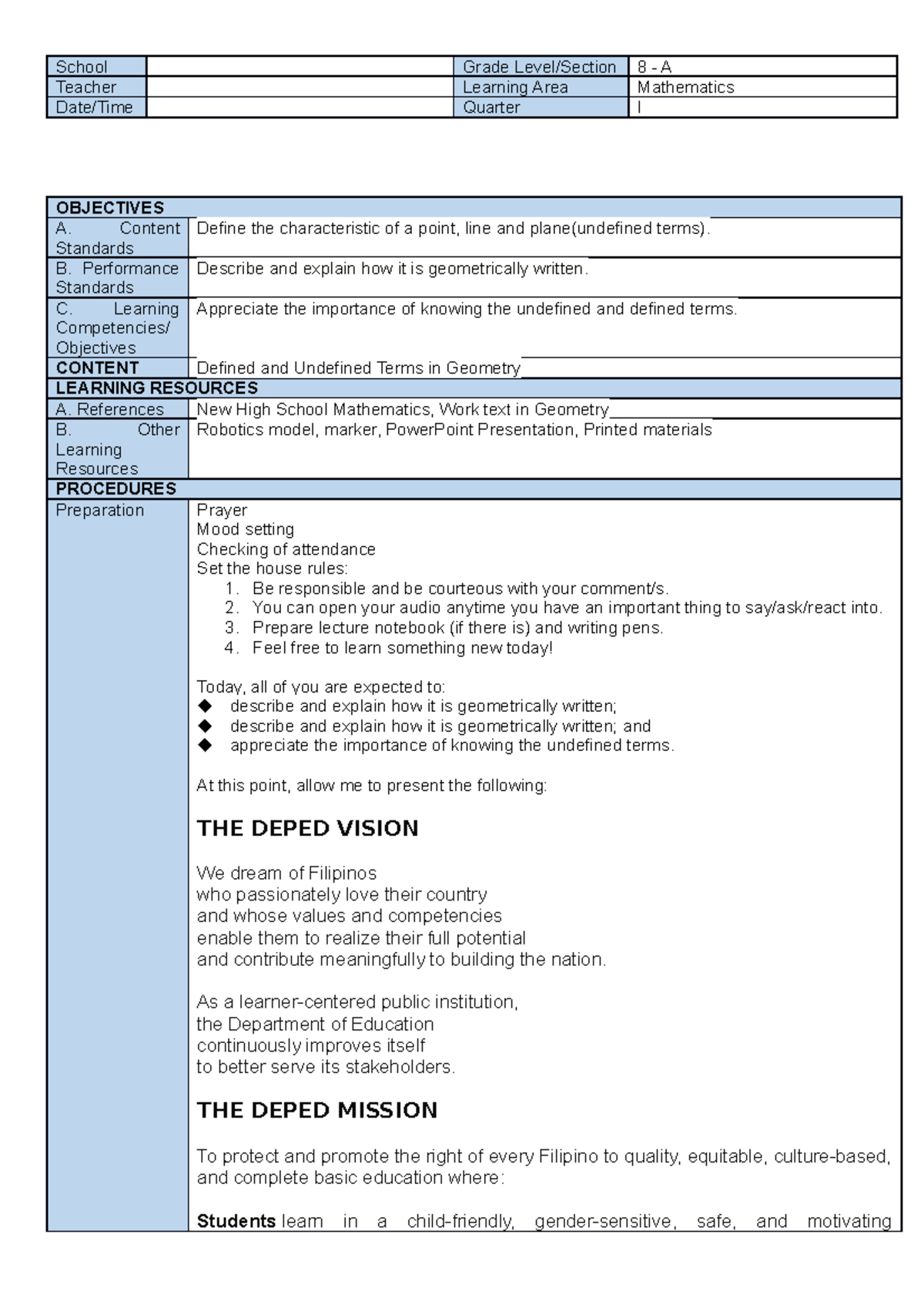 Undefined Terms Lesson Plan School Grade Level Section 8 A Teacher