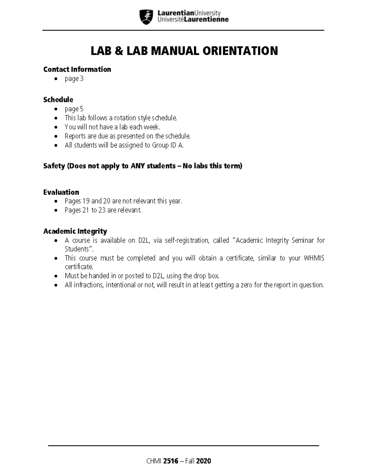 CHMI 2516 - Prep Notes - 2020 - LAB & LAB MANUAL ORIENTATION Contact ...