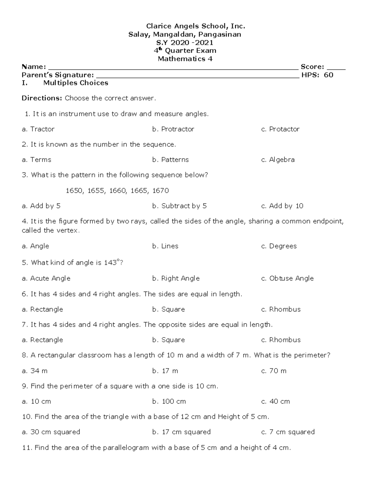 Grade 4 exam 4th - Clarice Angels School, Inc. Salay, Mangaldan ...