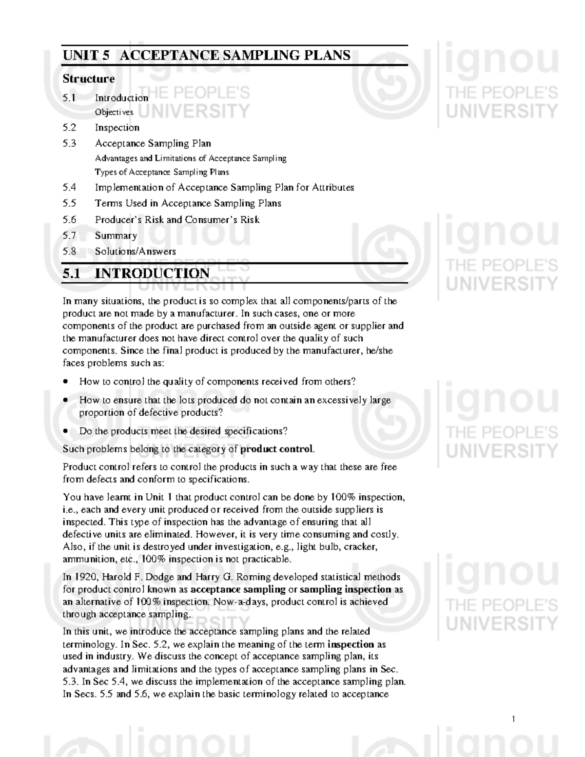 Unit-5 acceptance class notes - UNIT 5 ACCEPTANCE SAMPLING PLANS ...