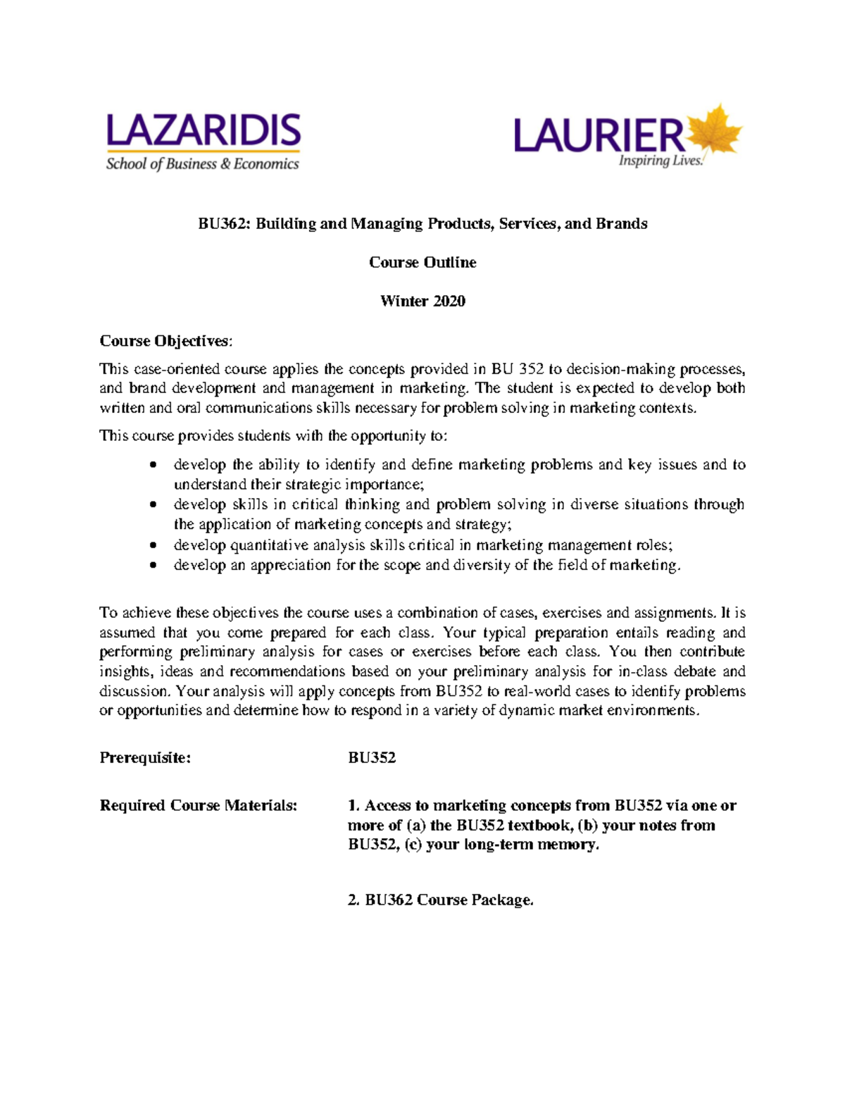 BU 362 Course Outline W2020 - 2001 04 - BU362 - WLU - Studocu