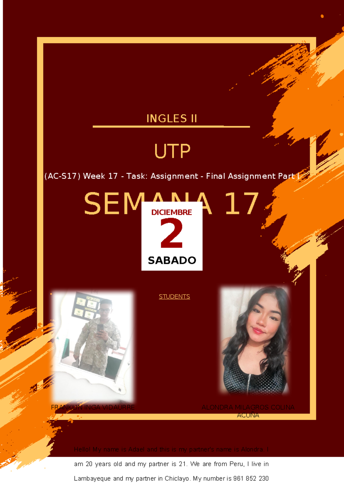 Ingles II Final Assignment Part I - INGLES II UTP (AC-S17) Week 17 - Task: Assignment - Final ...