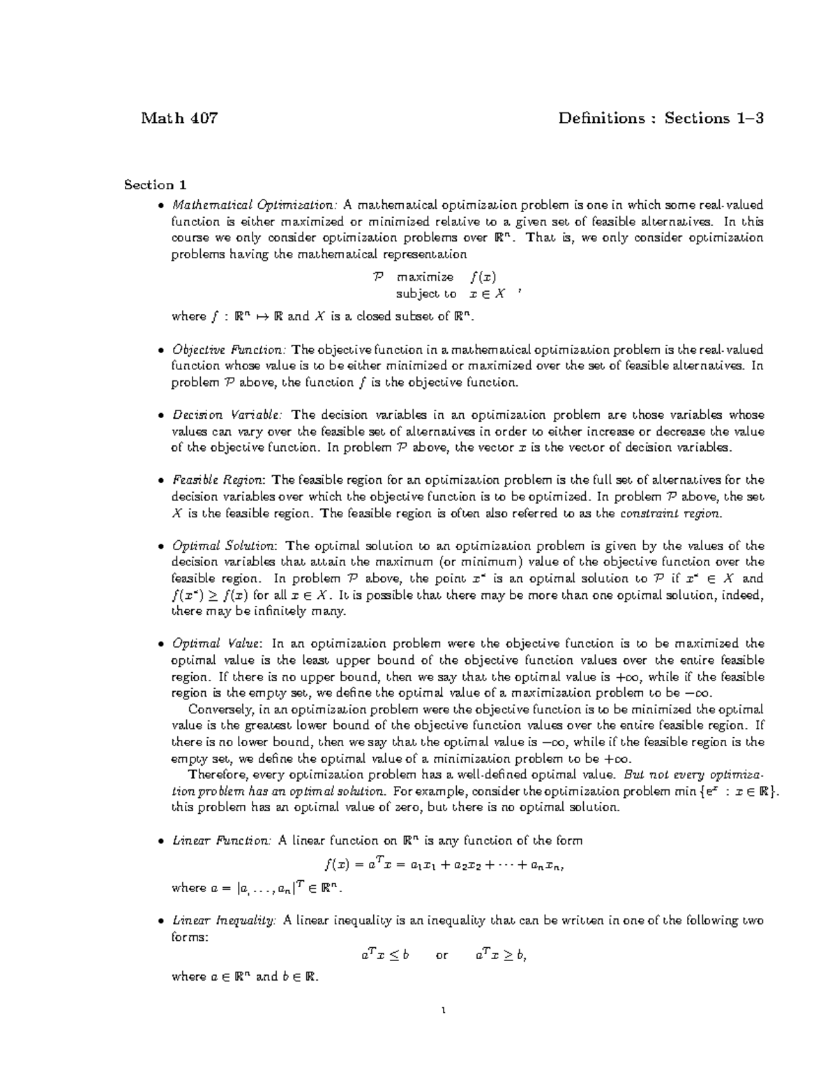 Defn1-3 - Summary Linear Optimization - Math 407 Definitions : Sections ...