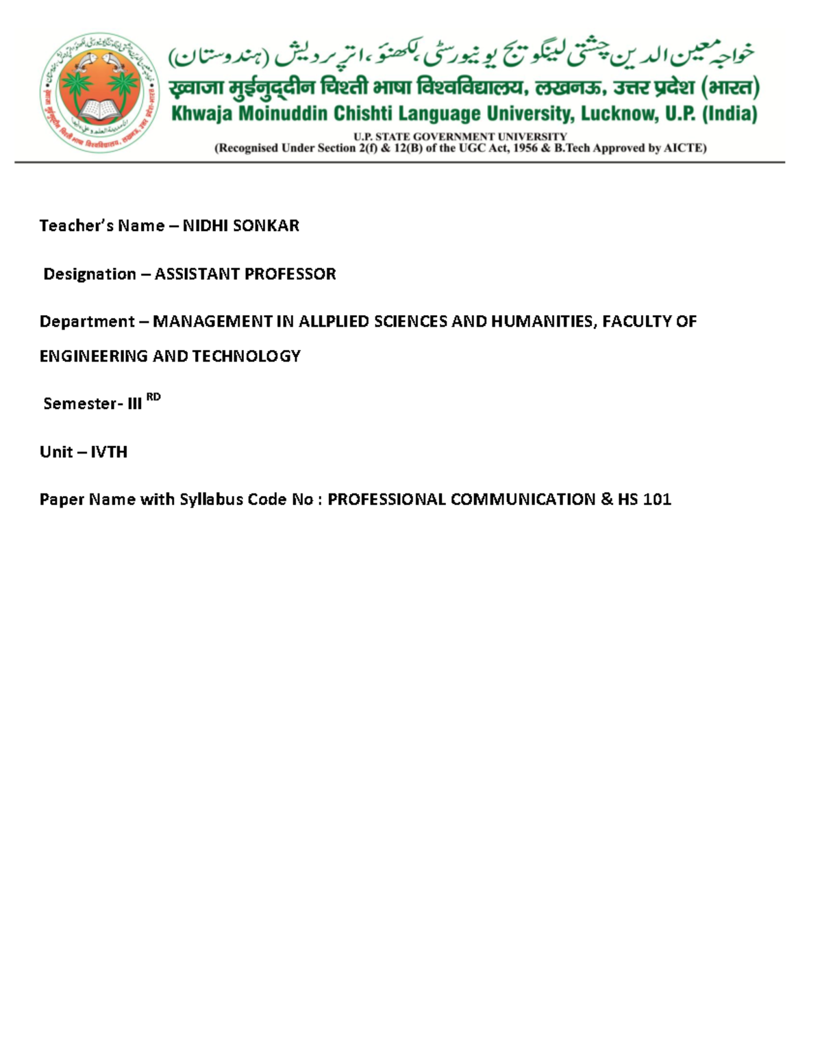 4.1 Letter Writing - add - Teacher’s Name – NIDHI SONKAR Designation ...