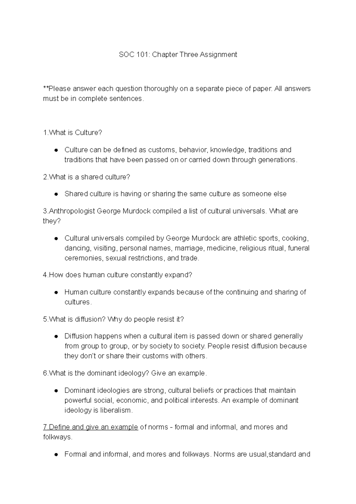 Sociology Chapter Three Assignment - SOC 101: Chapter Three Assignment **Please answer each ...