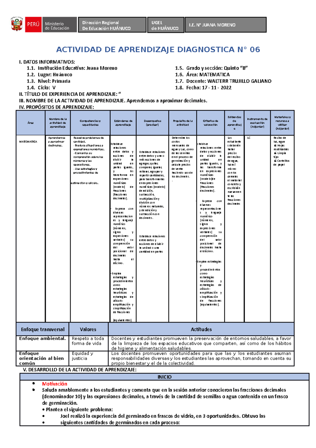AC06S1MA18-11-22 - buen curso - ACTIVIDAD DE APRENDIZAJE DIAGNOSTICA N° 06 I. DATOS INFORMATIVOS ...