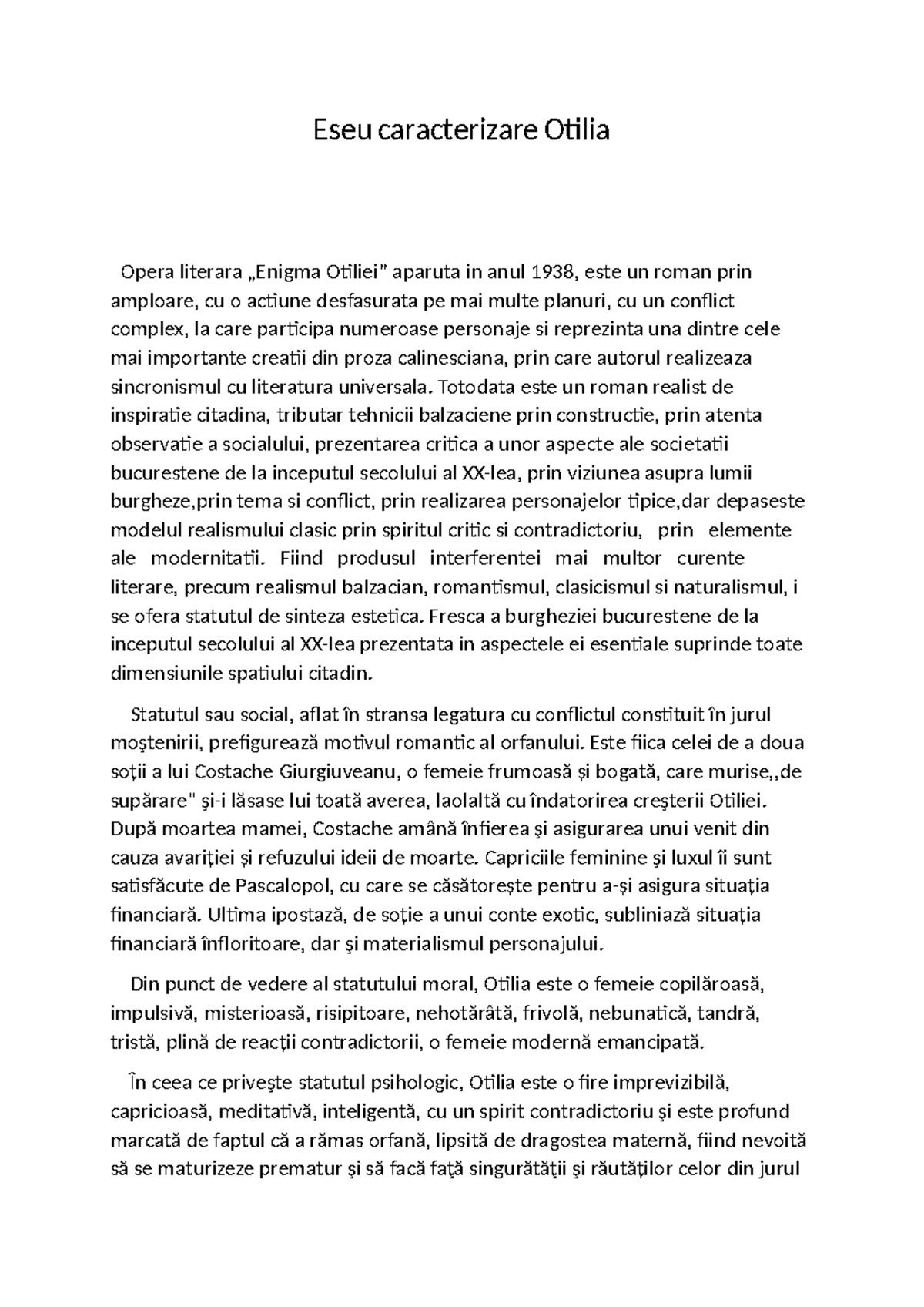 Eseu caracterizare Otilia - Eseu caracterizare Otilia Opera literara ...