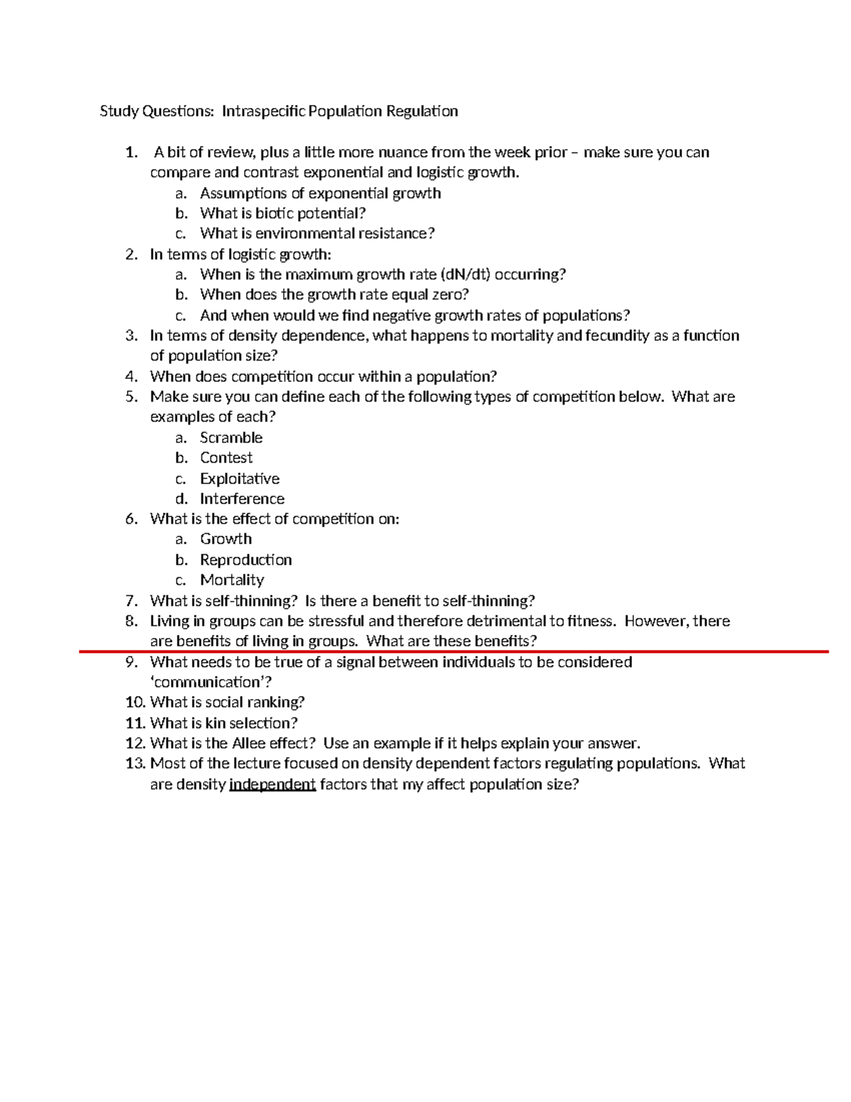 Week 5 Study Questions Pop Ecology Part 1 - Study Ques ons: Intraspeci ...