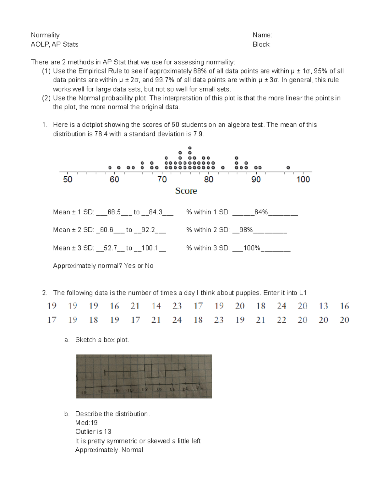 Normality - worksheet - Normality Name: AOLP, AP Stats Block: There are ...