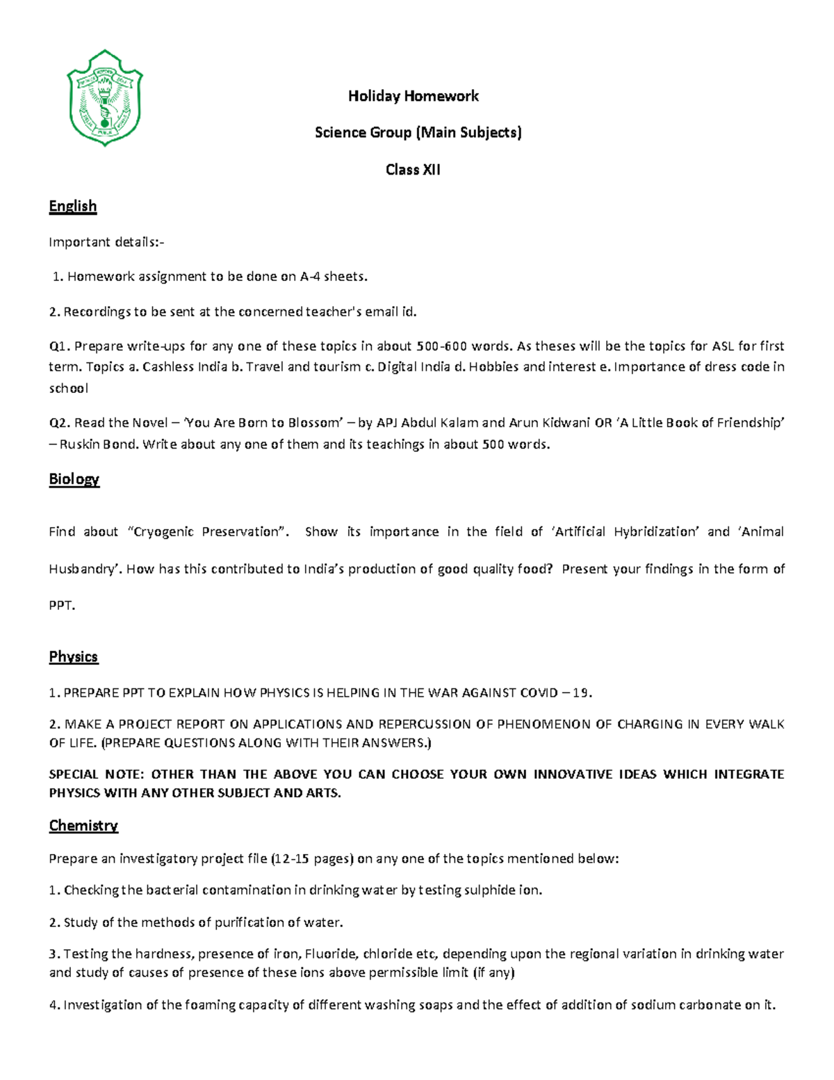 Science HHW - Holiday Homework Science Group (Main Subjects) Class XII ...