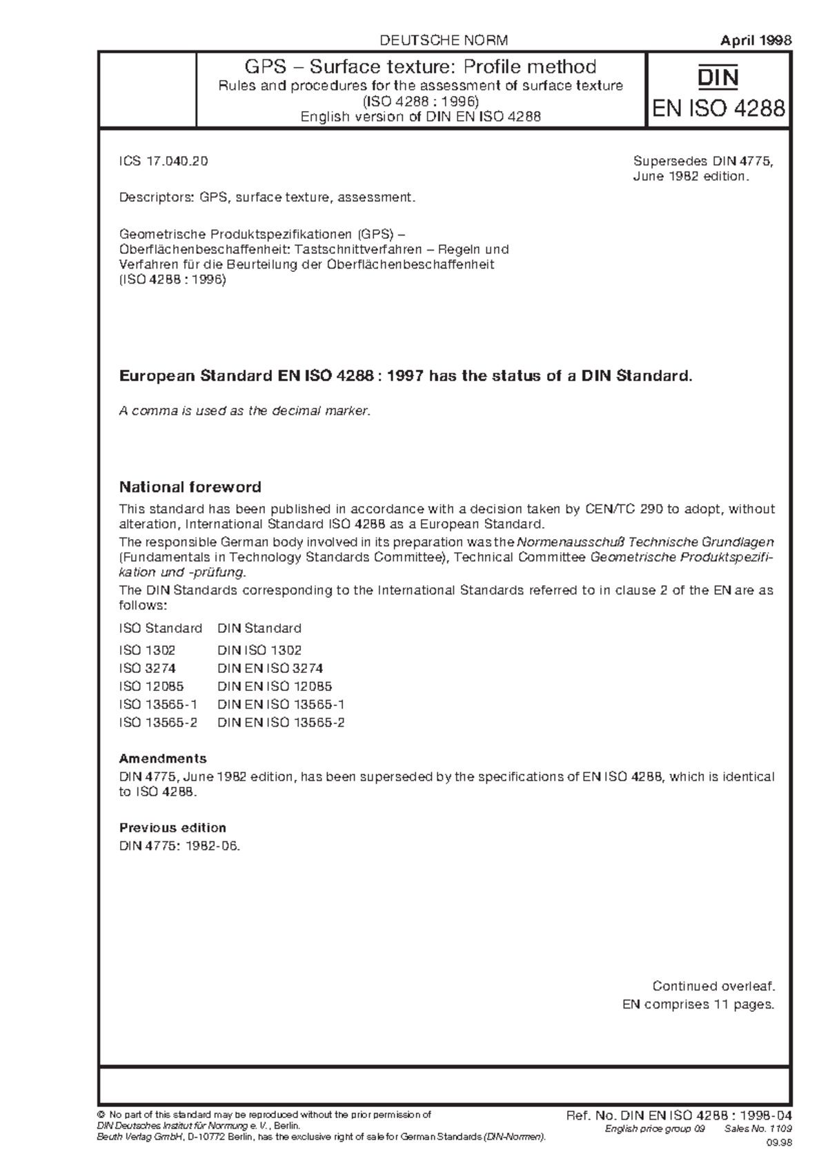 ISO 4288 1998-04 - Norm zum Thema der Oberflächenbeschaffenheit; regeln ...