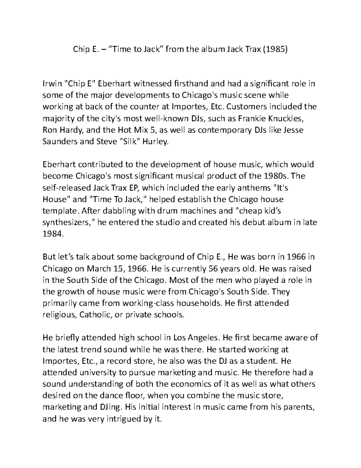 Historical Case Study - assignment - Chip E. – “Time to Jack” from the ...