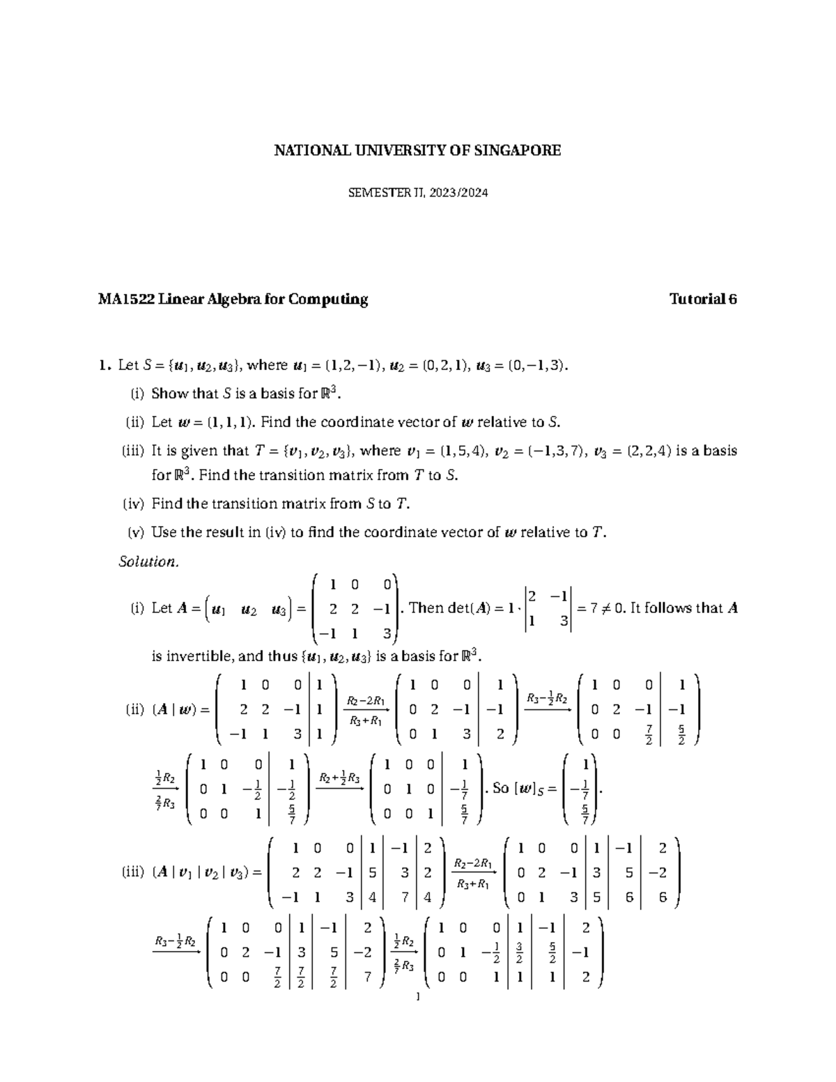 Tut6s - TUTORIAL WORK - NATIONAL UNIVERSITY OF SINGAPORE SEMESTER II, 2023/ MA1522 Linear ...