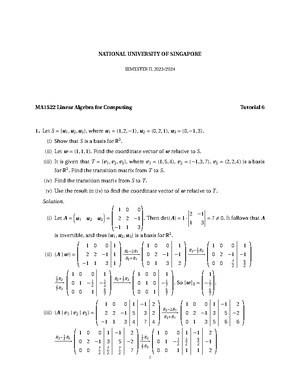 Tut5s - TUTORIAL WORK - NATIONAL UNIVERSITY OF SINGAPORE SEMESTER II, 2023/ MA1522 Linear ...