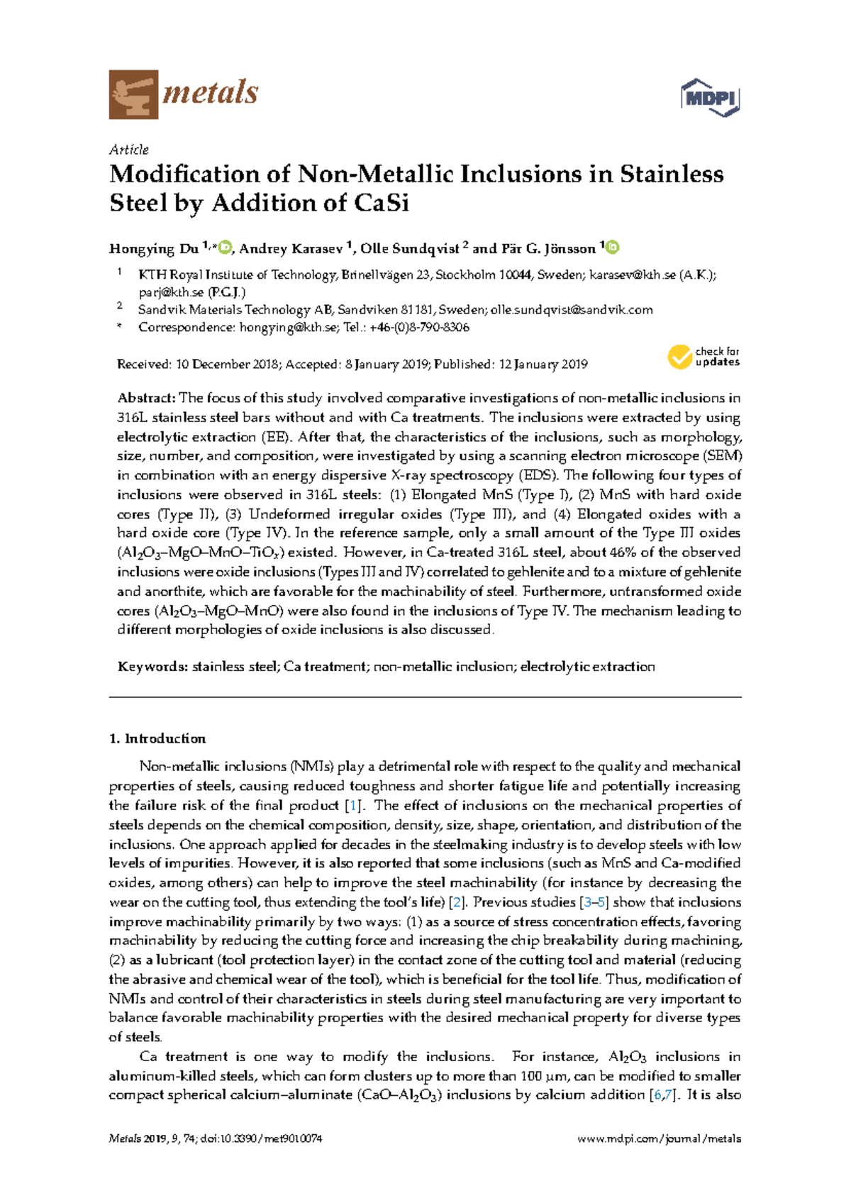 Modification of Non-Metallic Inclusions in Stainless Steel by Addition ...