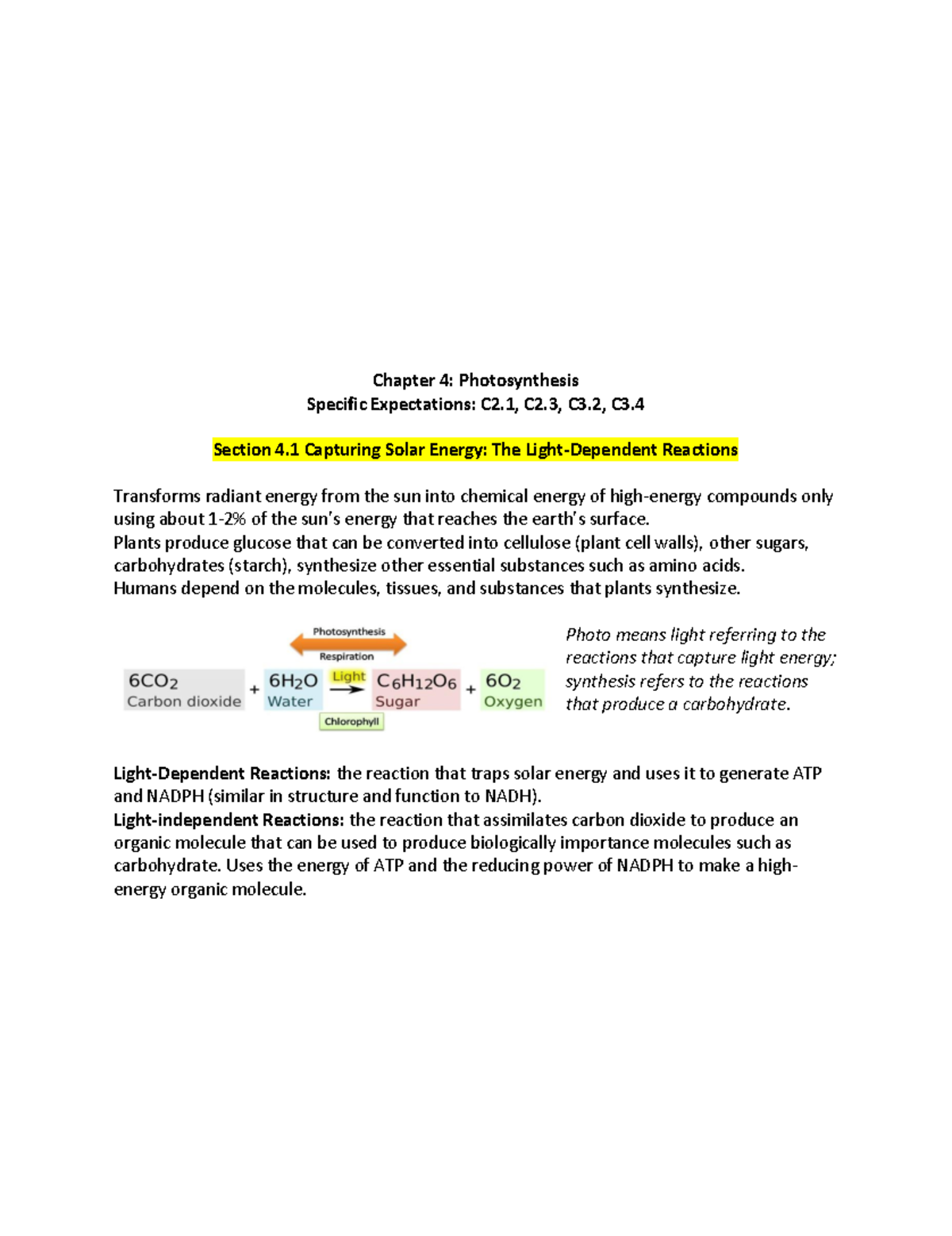 Section 4.1 Capturing Solar Energy (Light dependent reactions ...