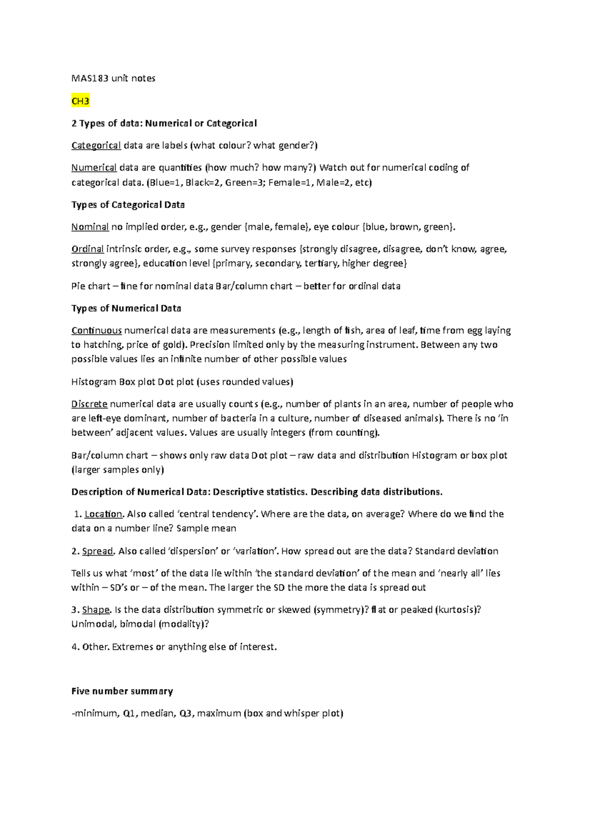 MAS183 ENTIRE UNIT NOTES - MAS183 unit notes CH 2 Types of data ...