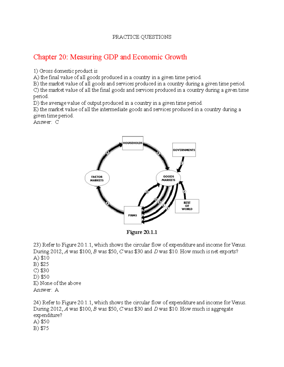 Final Practice Questions - PRACTICE QUESTIONS Chapter 20: Measuring GDP ...