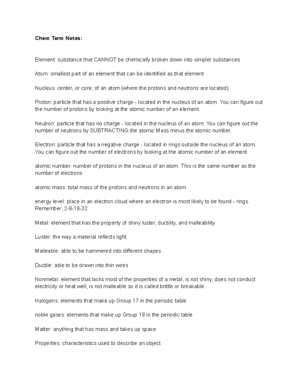 Chem Term Notes - Chem Term Notes: Element: substance that CANNOT be ...