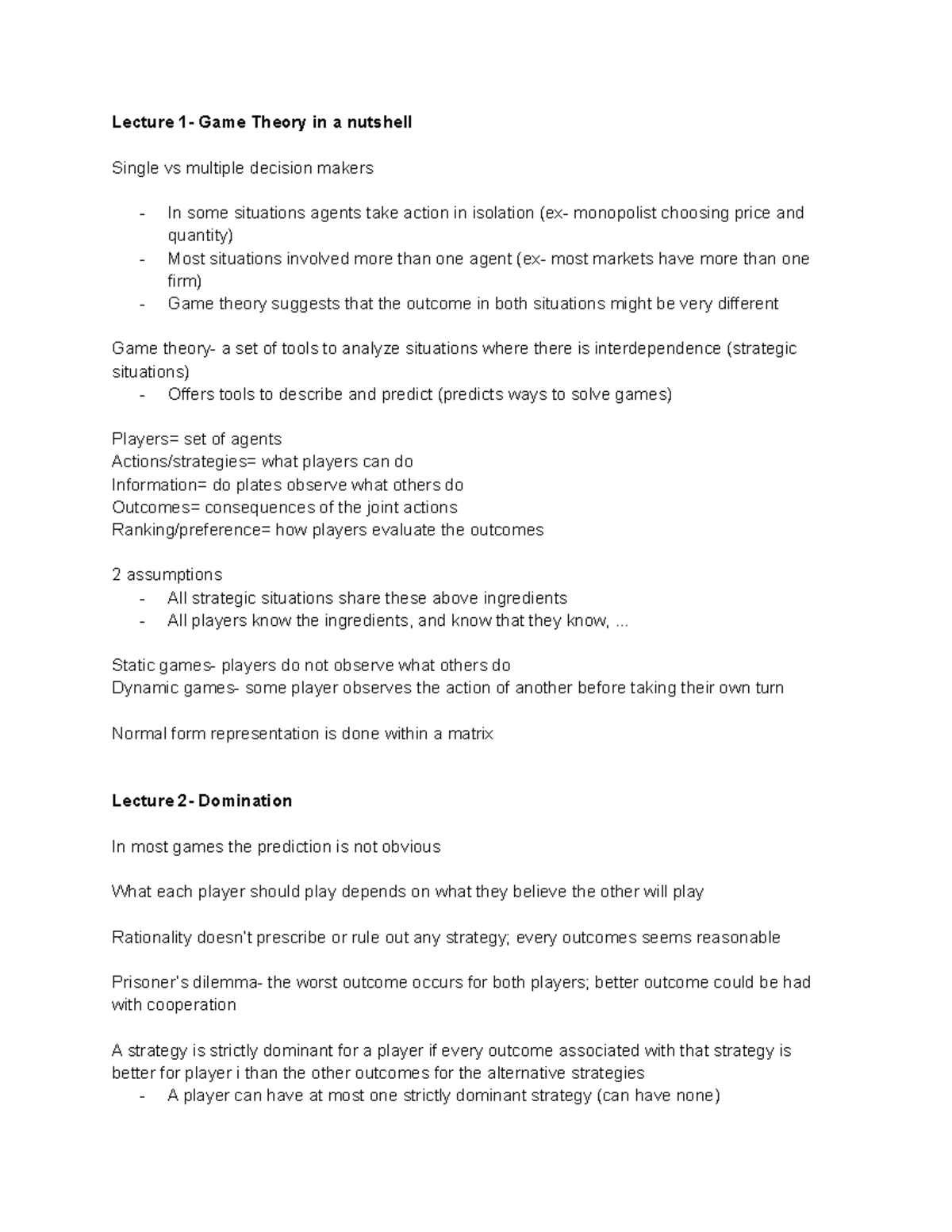 Game Theory Midterm 1 Study Guide - Lecture 1- Game Theory in a nutshell Single vs multiple ...