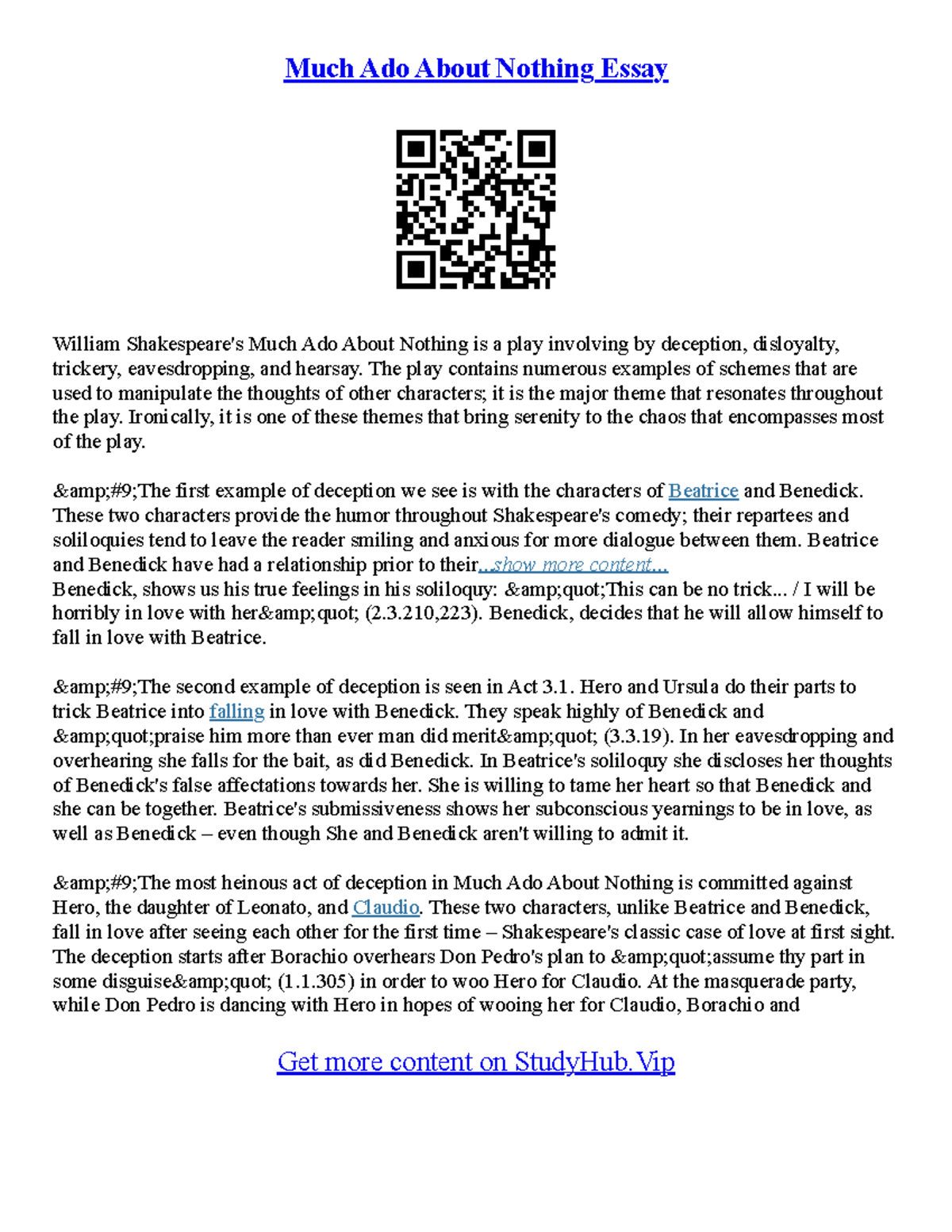 Much Ado About Nothing Essay - The play contains numerous examples of ...