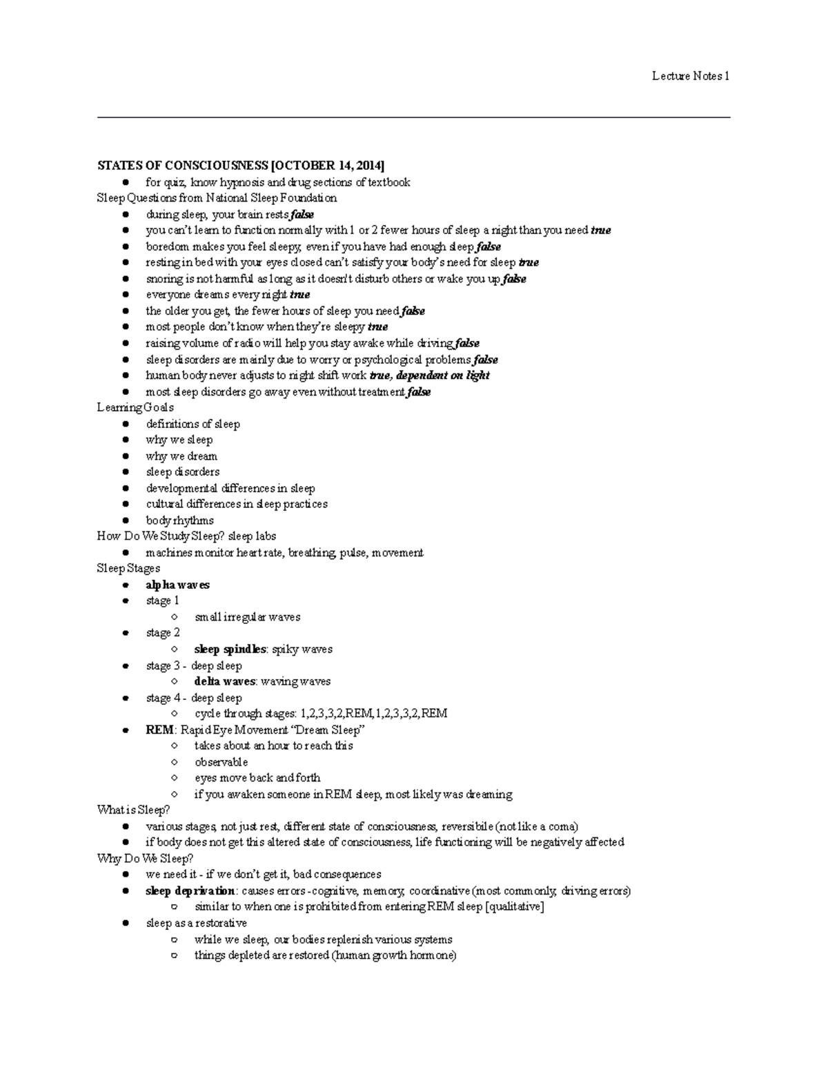 Exam 2 lecture notes - Lecture Notes 1 STATES OF CONSCIOUSNESS [OCTOBER ...
