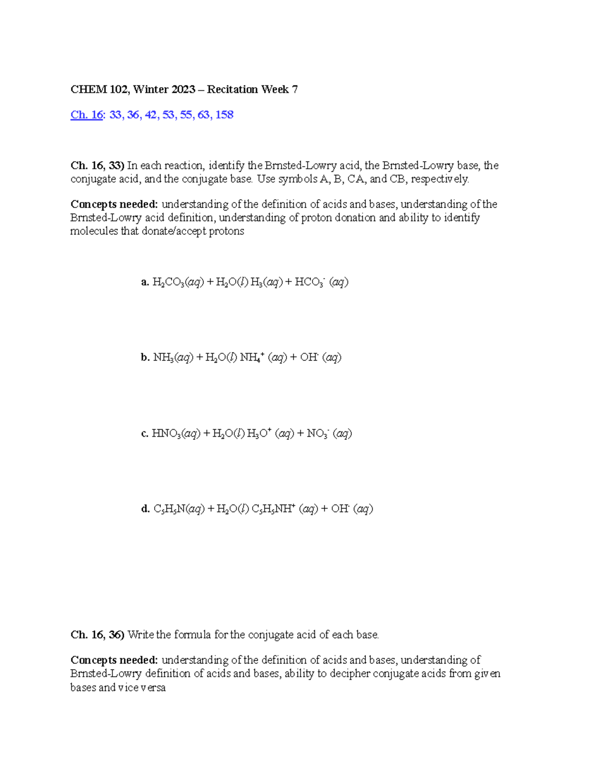 CHEM Recitation 7 - An assignment on concepts needed to solve a ...