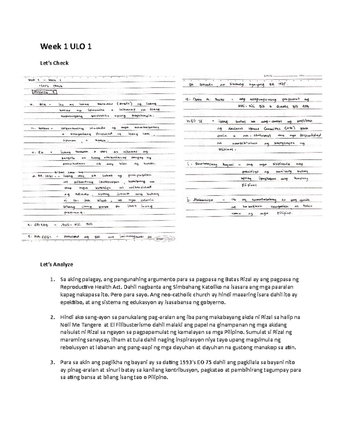 GE61-3 - Activity Work - Week 1 ULO 1 Let’s Check Let’s Analyze Sa ...