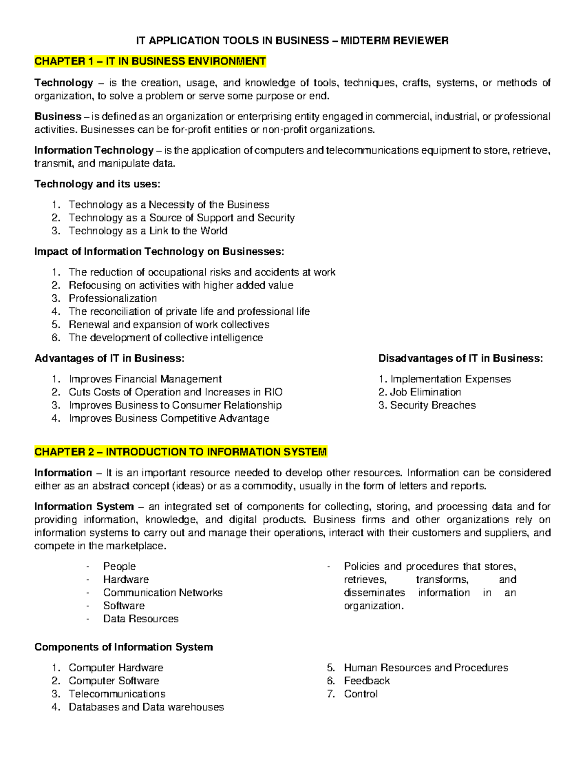 IT APP Midterm Reviewer - IT APPLICATION TOOLS IN BUSINESS – MIDTERM REVIEWER CHAPTER 1 – IT IN ...