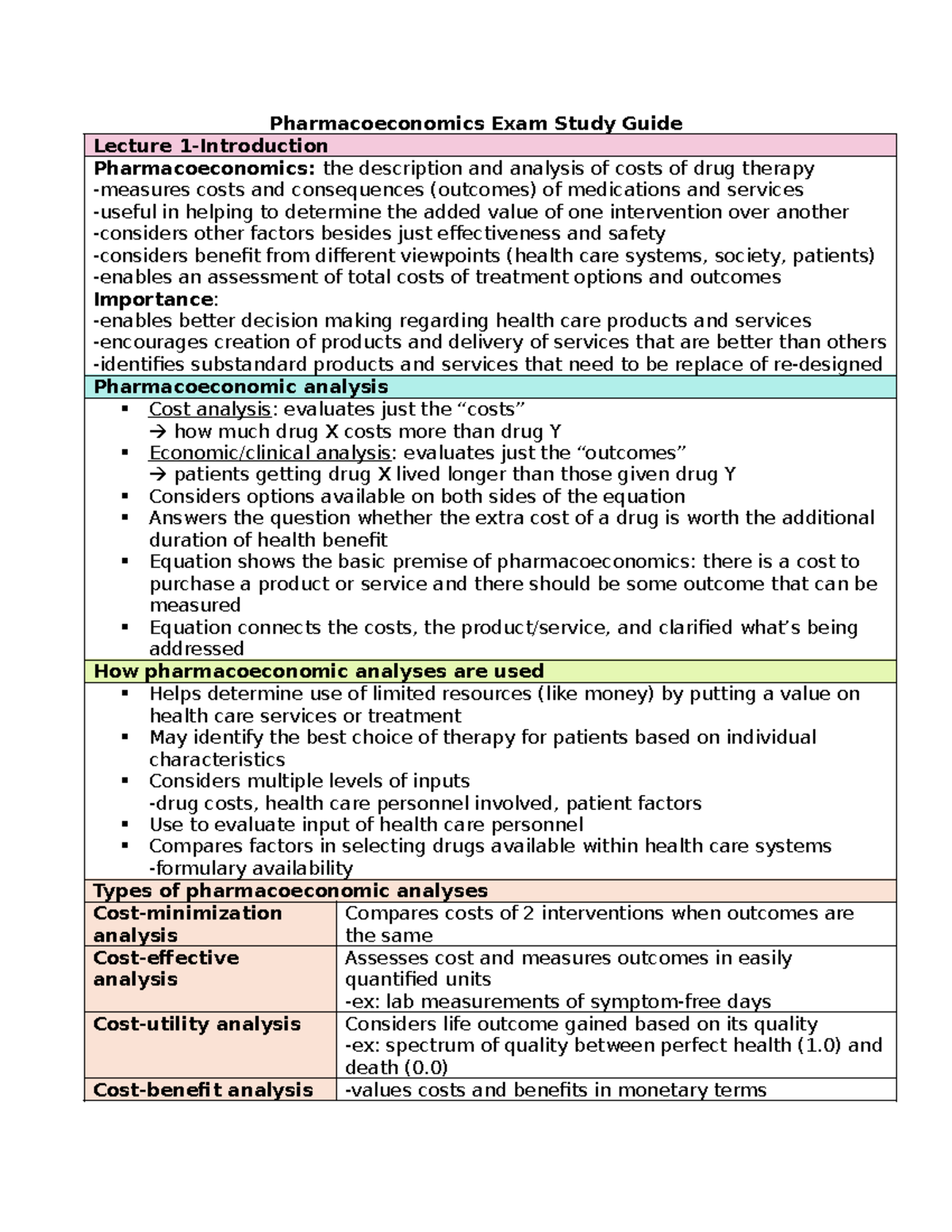 Pharmacoeconomics study guide for the first exam - Pharmacoeconomics ...