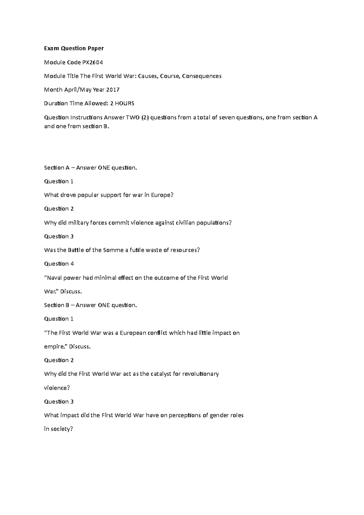 Exam 2017 The First World War: Causes, Course, Consequences - Exam ...