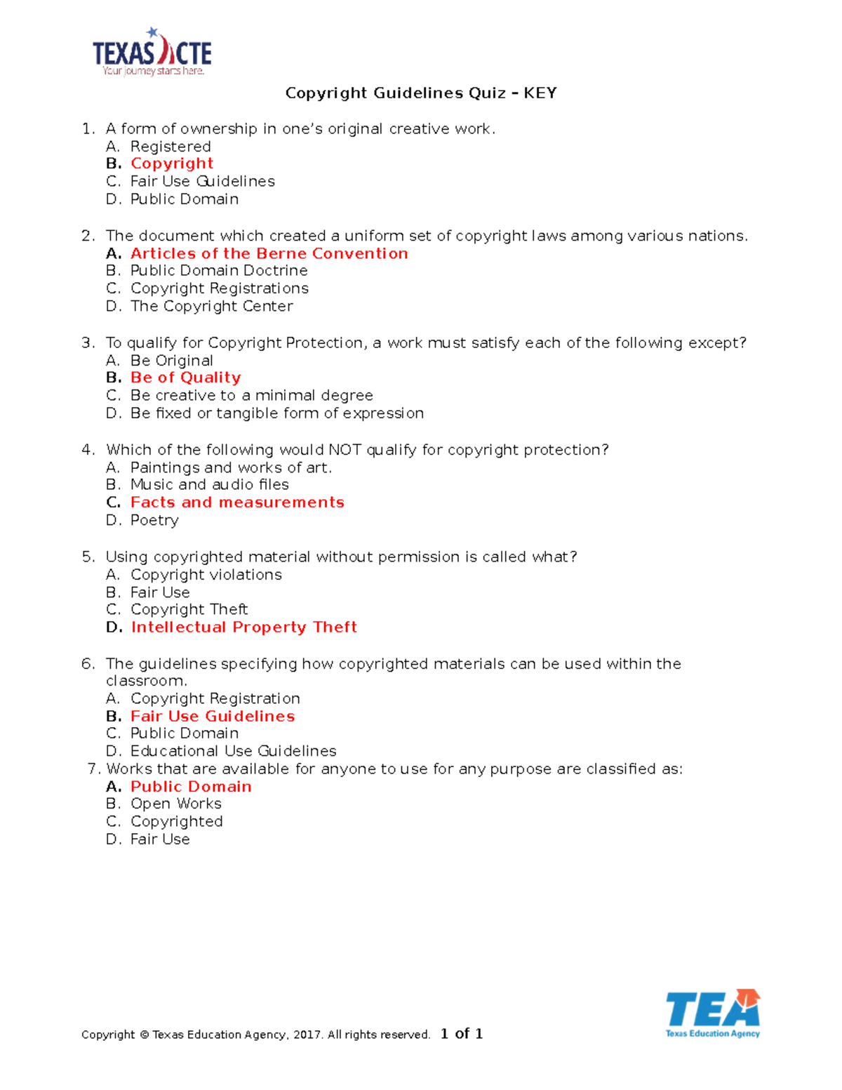Copyright Guidelines Quiz - KEY - Copyright Guidelines Quiz – KEY A ...