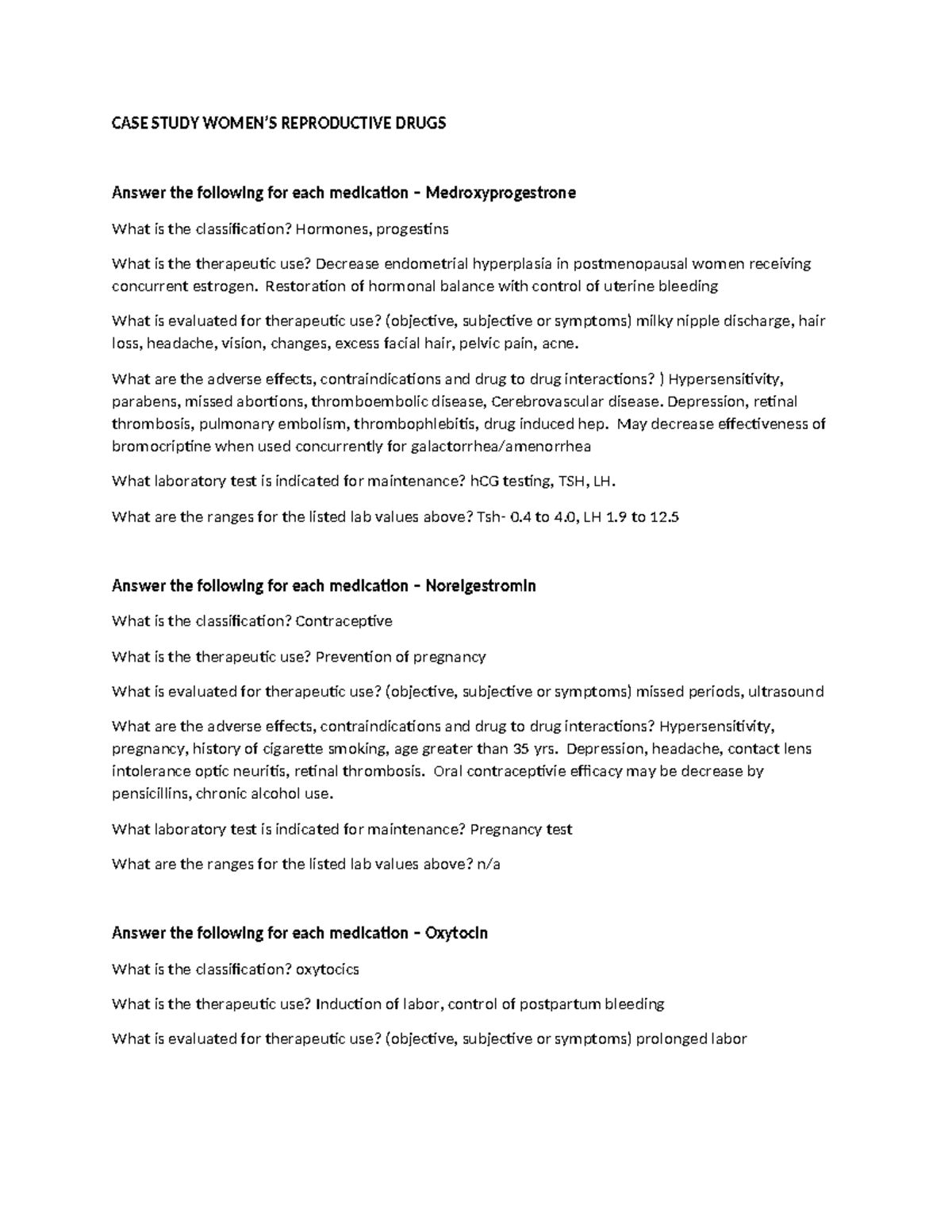 CASE Study Women - CASE STUDY WOMEN’S REPRODUCTIVE DRUGS Answer the ...