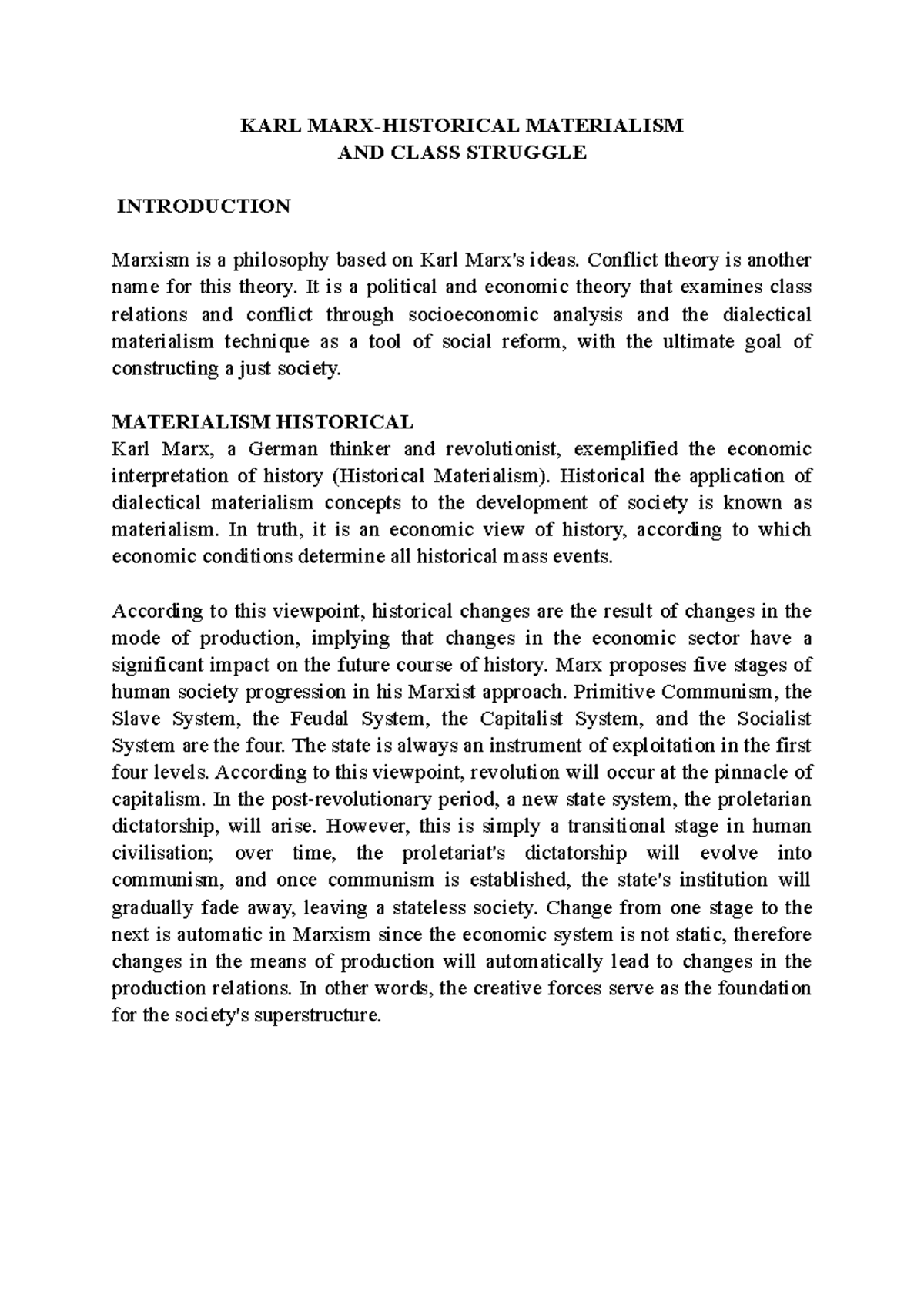 KARL MARX- Historical Materialism - KARL MARX-HISTORICAL MATERIALISM ...