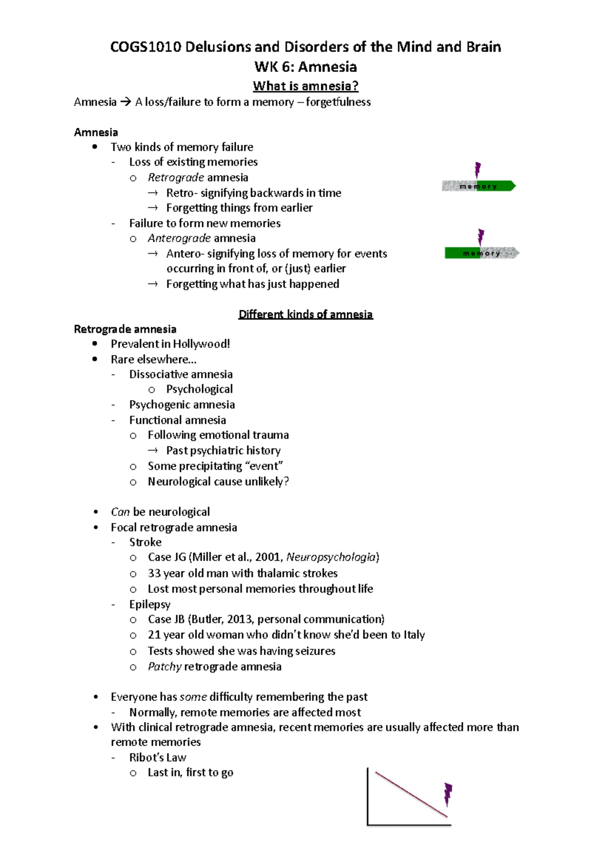 COGS101 WK6 Amnesia - Lecture notes 6 - WK 6: Amnesia What is amnesia ...