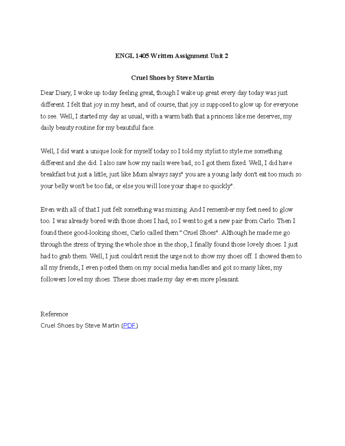 ENGL 1405 Written Assigment UNIT 2 - ENGL 1405 Written Assignment Unit 2 Cruel Shoes by Steve ...
