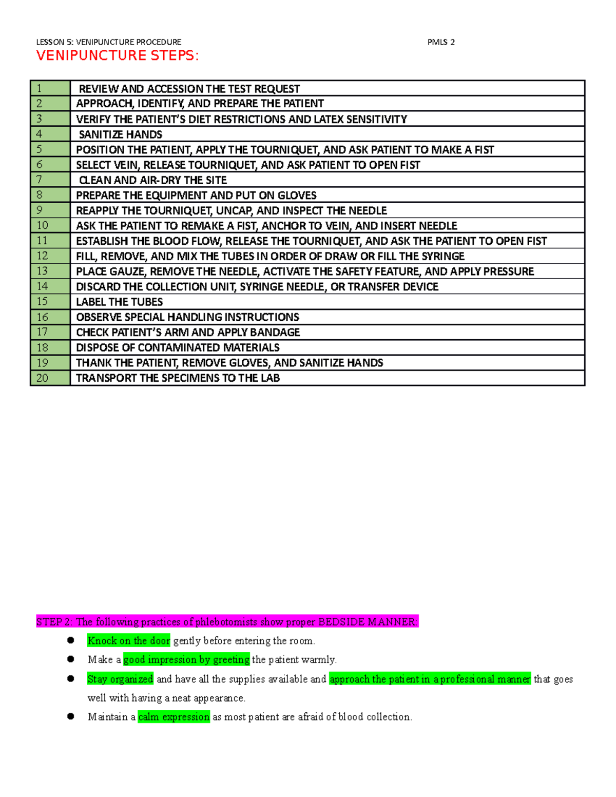 Lesson 5 Venipuncture Steps Notes - LESSON 5: VENIPUNCTURE PROCEDURE ...