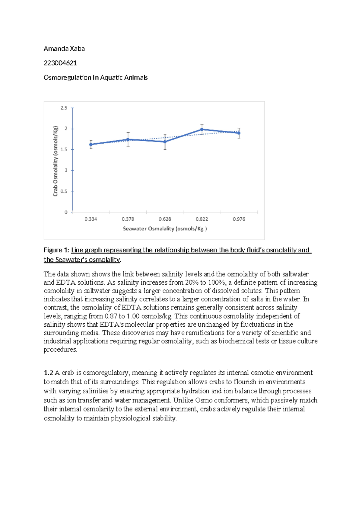 Biol204 Osmoregulation Practical - Amanda Xaba 223004621 Osmoregulation ...