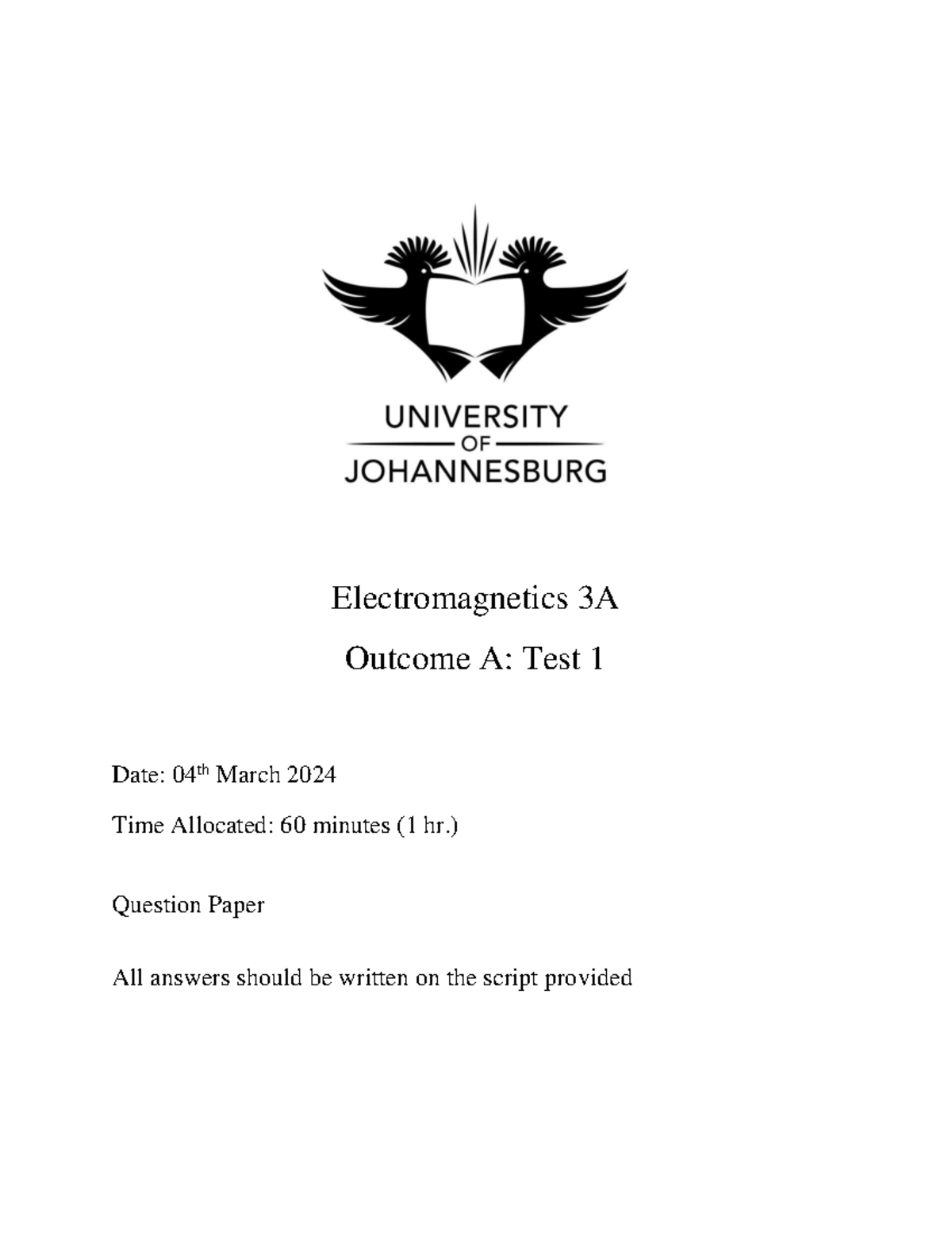 Electromagnetics 3A OA Test 1 Question Paper - Electromagnetics 3A ...