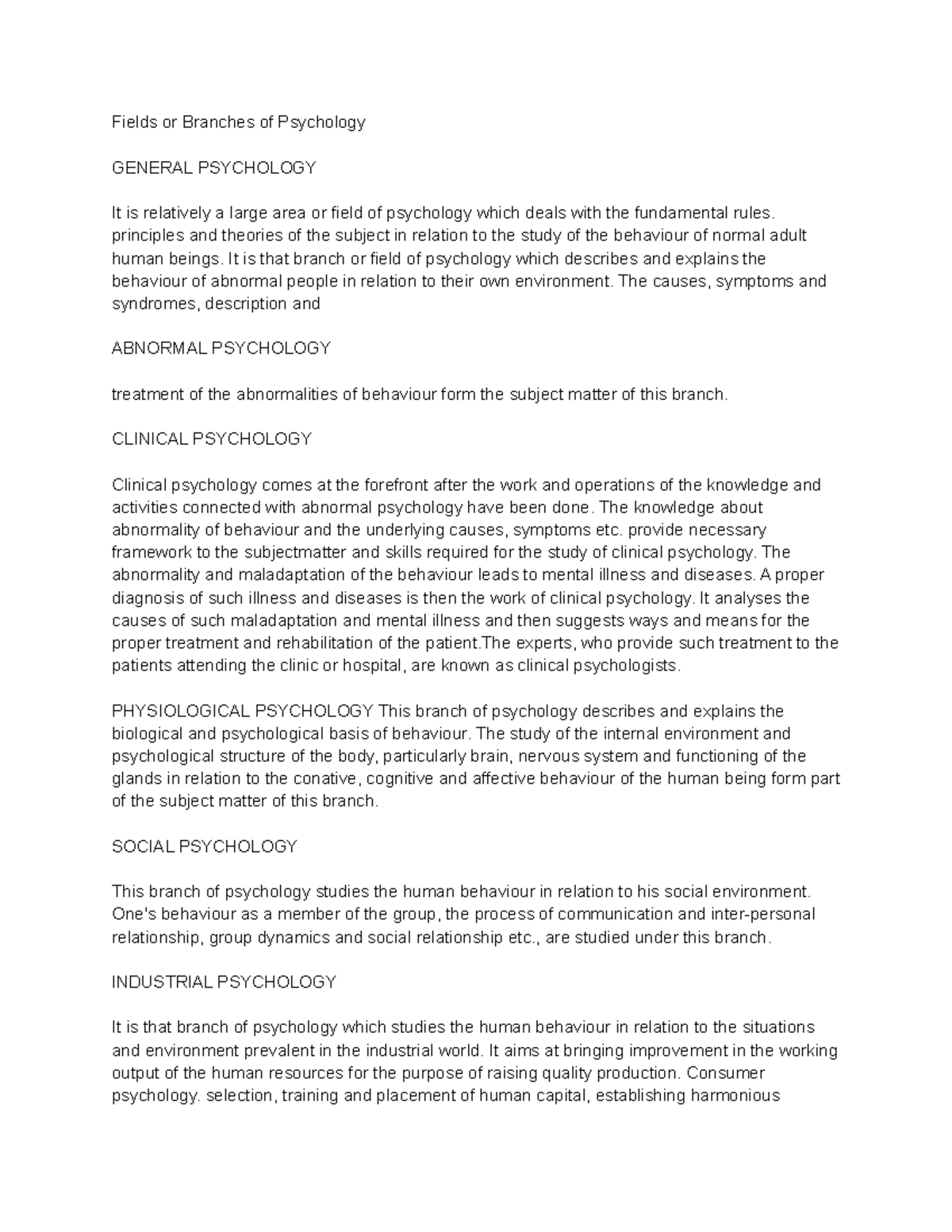 Fields or Branches of Psychology - Fields or Branches of Psychology ...