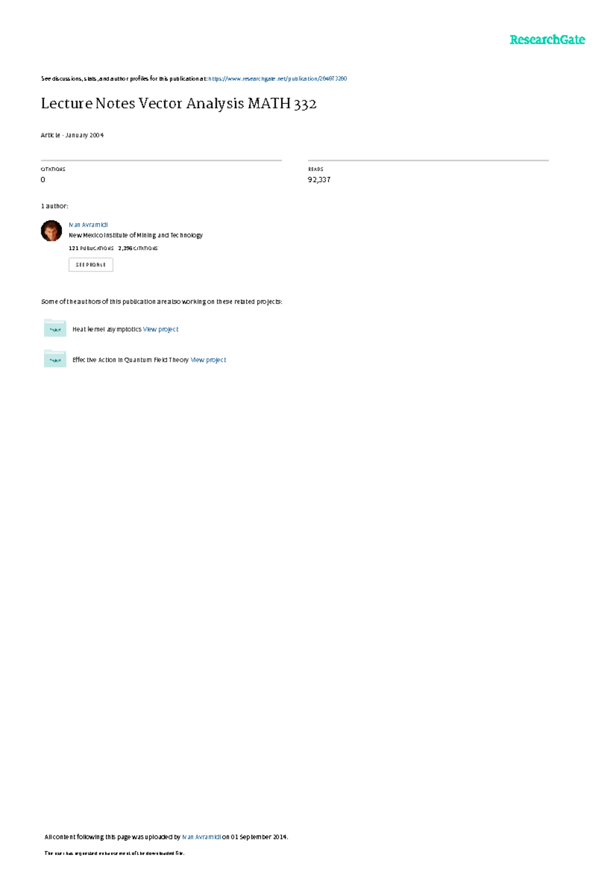 Lecture Notes Vector Analysis MATH 332 - See discussions, stats, and ...