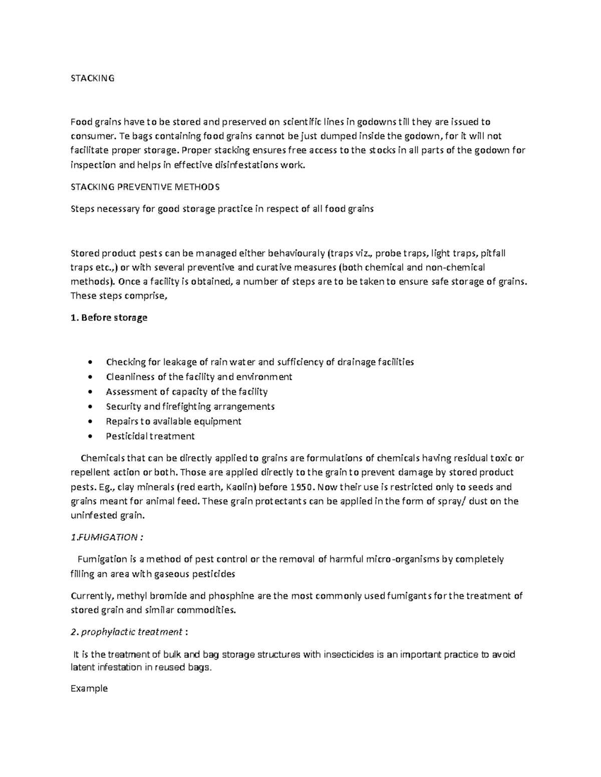 Stacking prevention methods - STACKING Food grains have to be stored ...