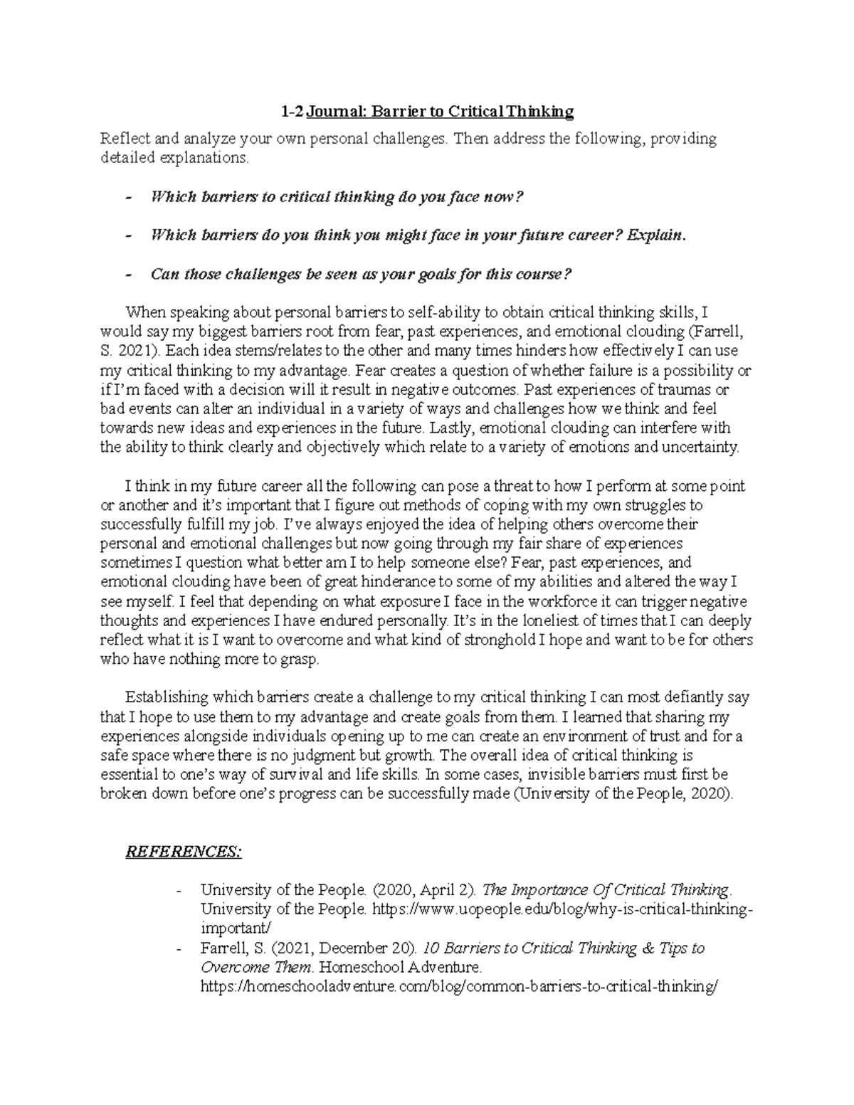 1-2 Journal Barriers - Coursework - 1-2 Journal: Barrier to Critical ...