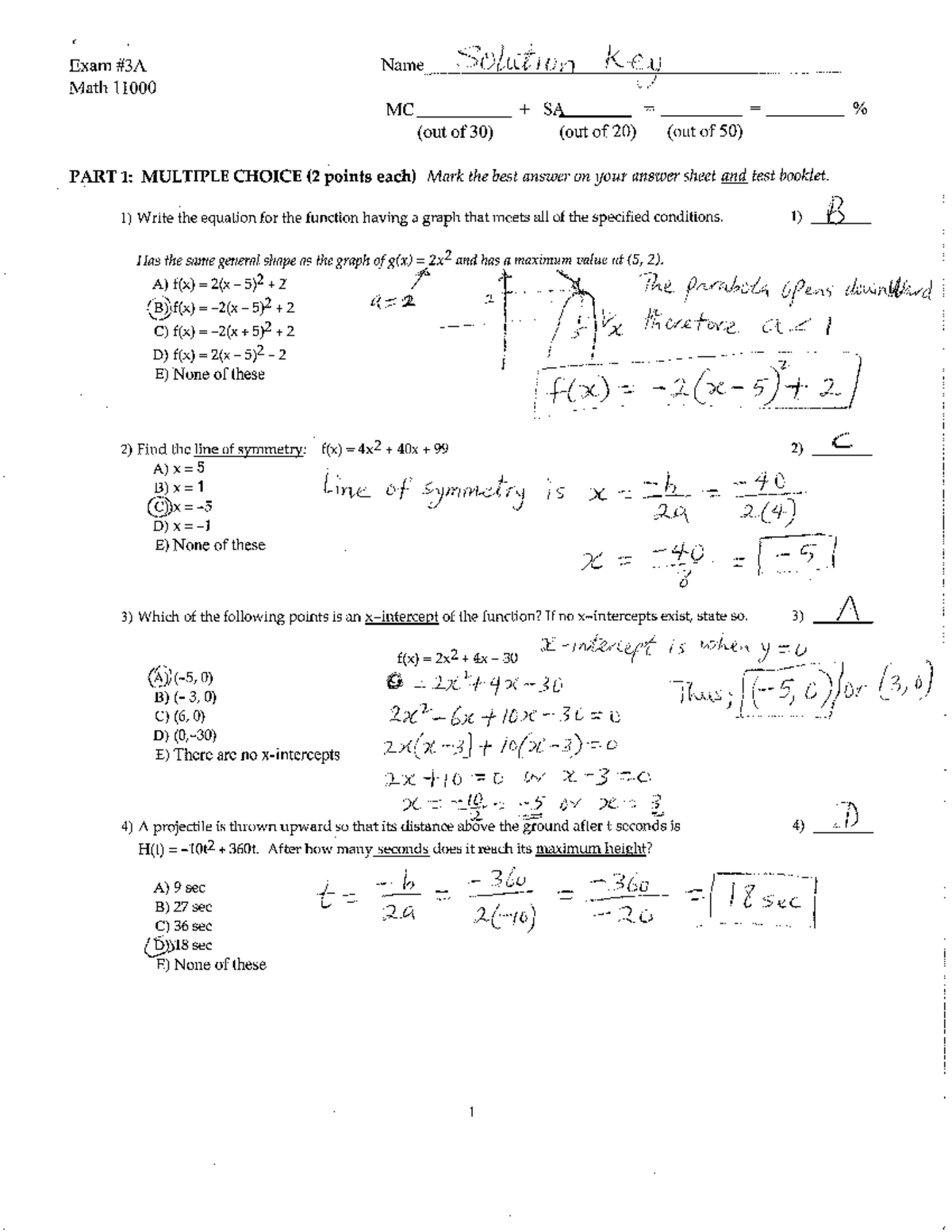 Exam #3a - Exam Solutions Exact As The Actual Exam - Math11000 - Studocu
